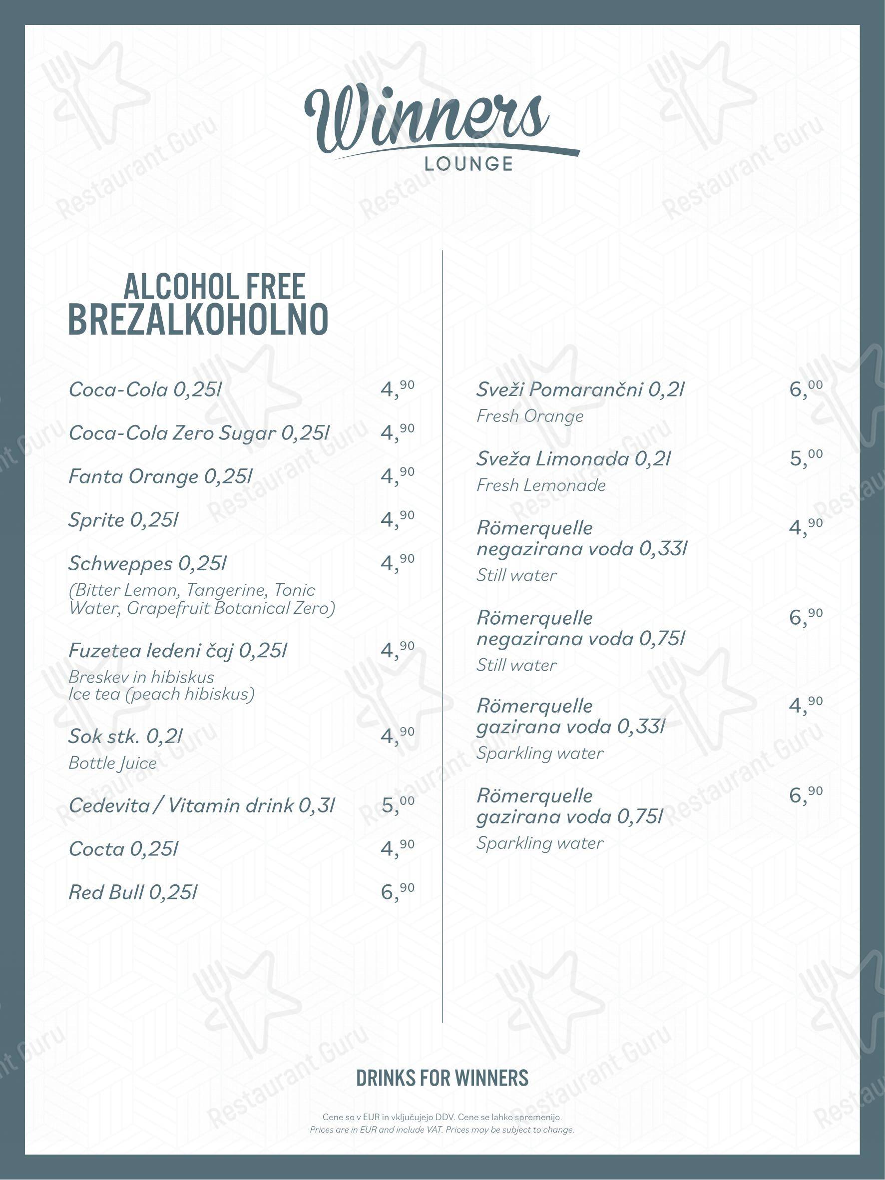 Menu at Winners Lounge restaurant, Ljubljana