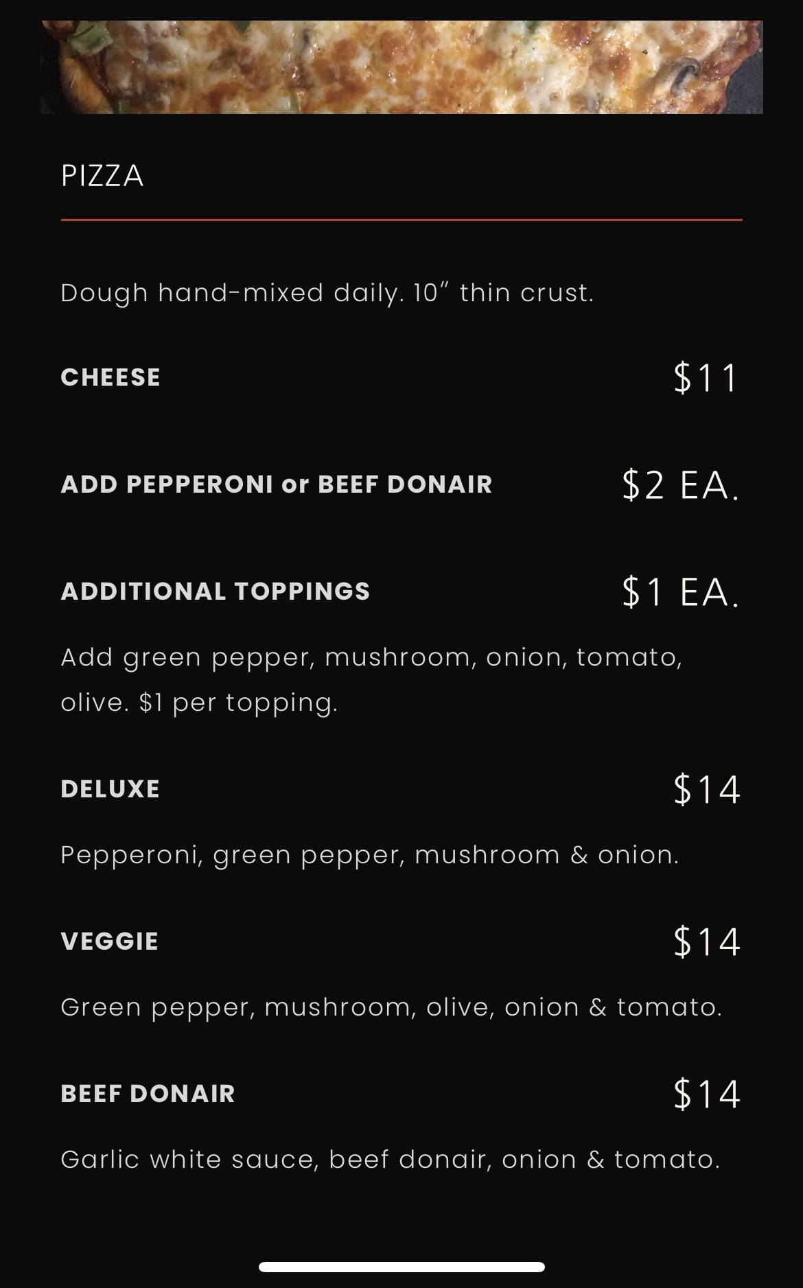 Menu at Basil’s Restaurant, Winnipeg