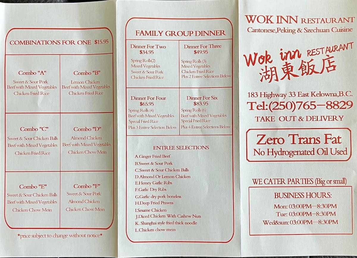 Menu at Wok Inn Restaurant, Kelowna, 183 Hwy 33