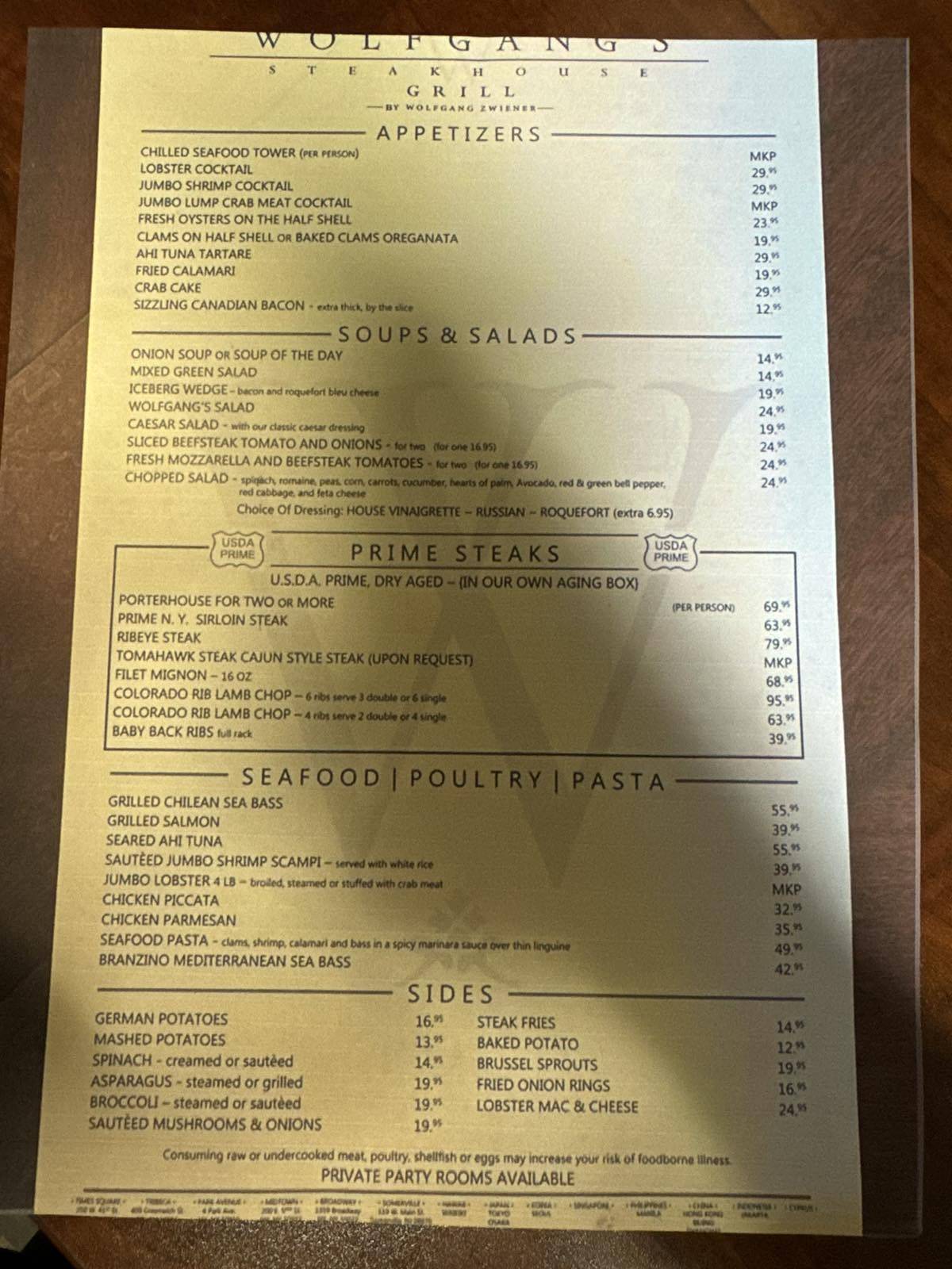 Menu at Wolfgang's Steakhouse, Somerville