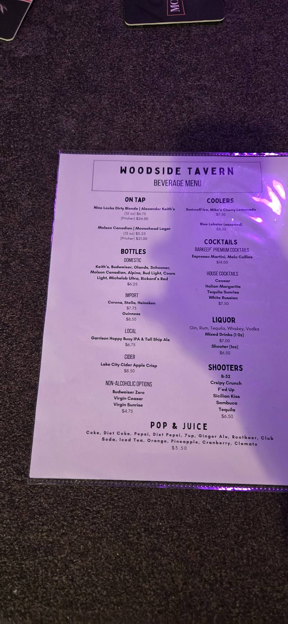 Menu at Woodside Beverage Room and Grill pub & bar, Dartmouth