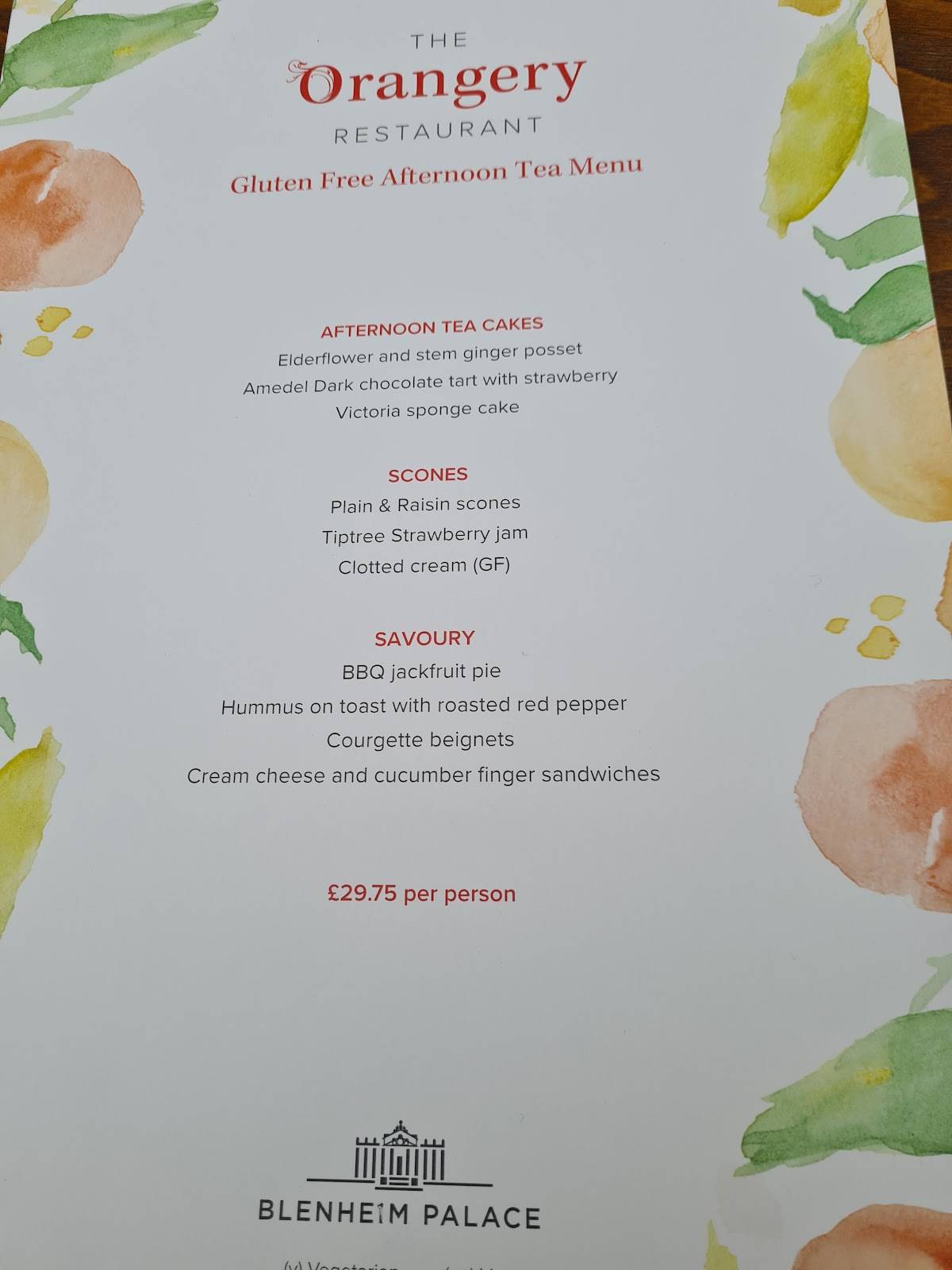 Menu at The Orangery Restaurant, Woodstock, Blenheim Palace
