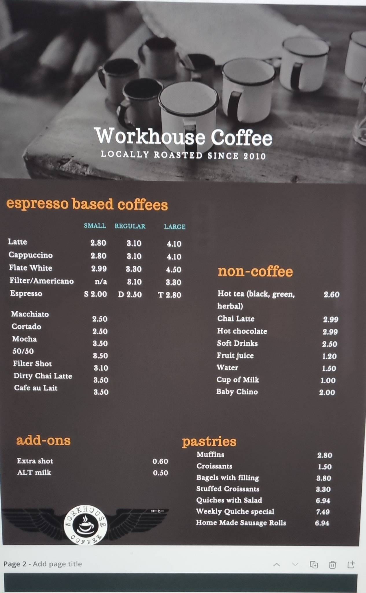 Menu at Workhouse Coffee cafe, Reading, 10-12 King St