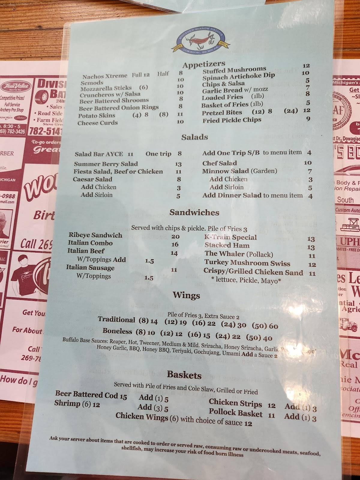 Menu at Wounded Minnow Saloon pub & bar, Dowagiac