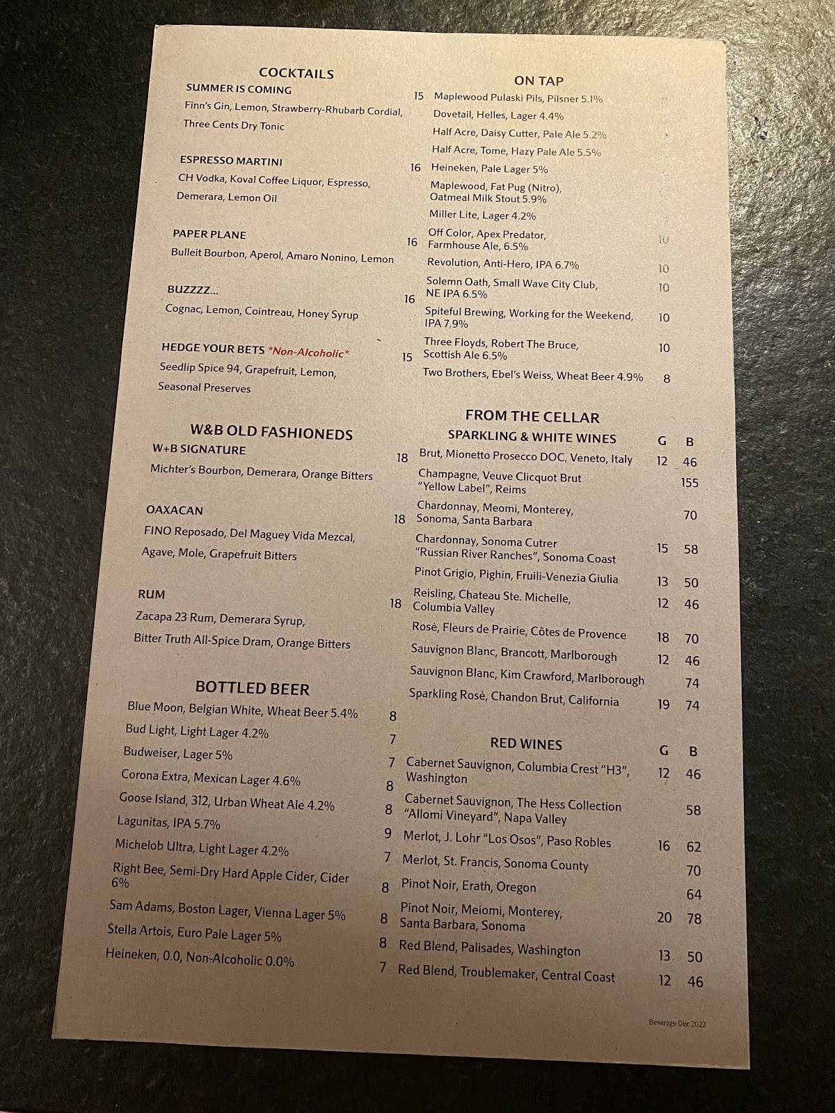 Menu at Woven + Bound Restaurant, Chicago