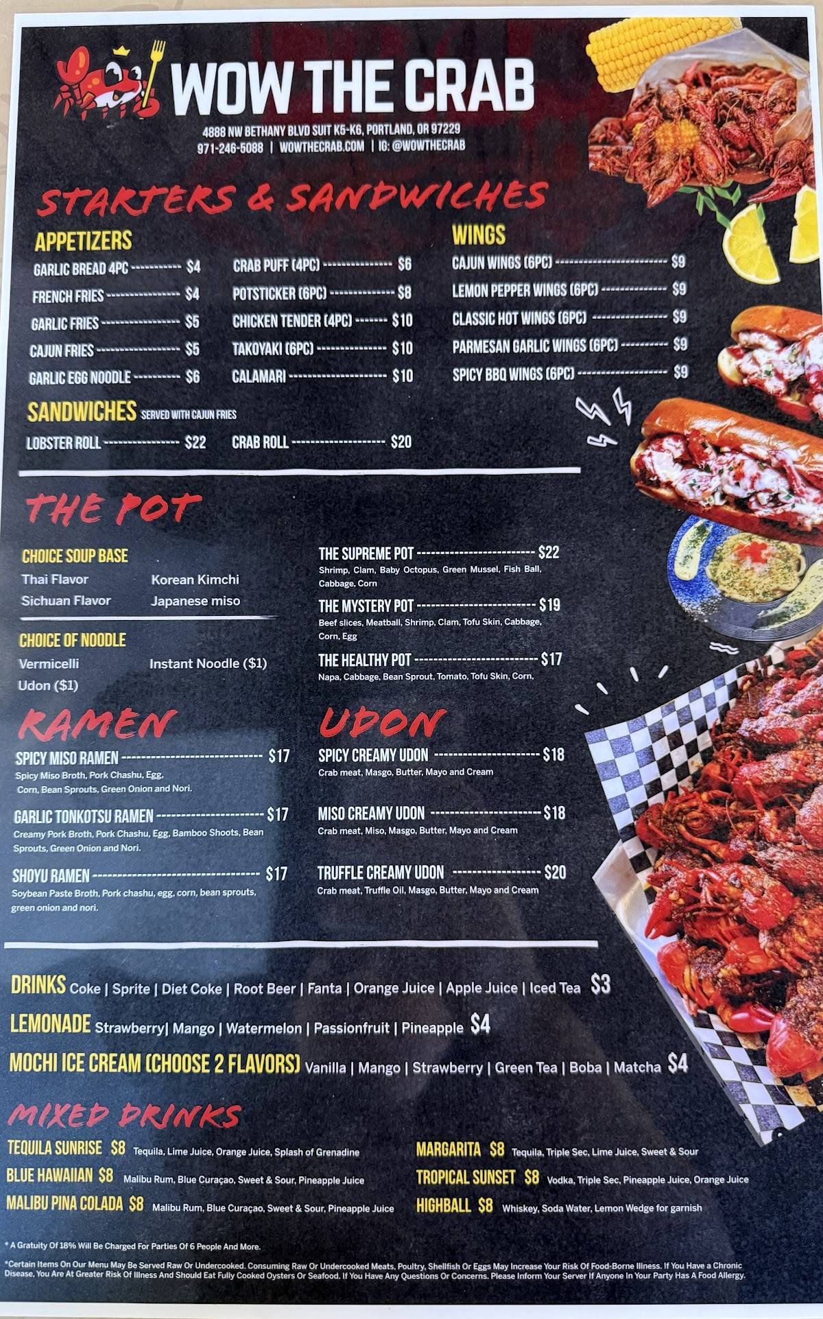 Menu at Wow the crab restaurant, Portland