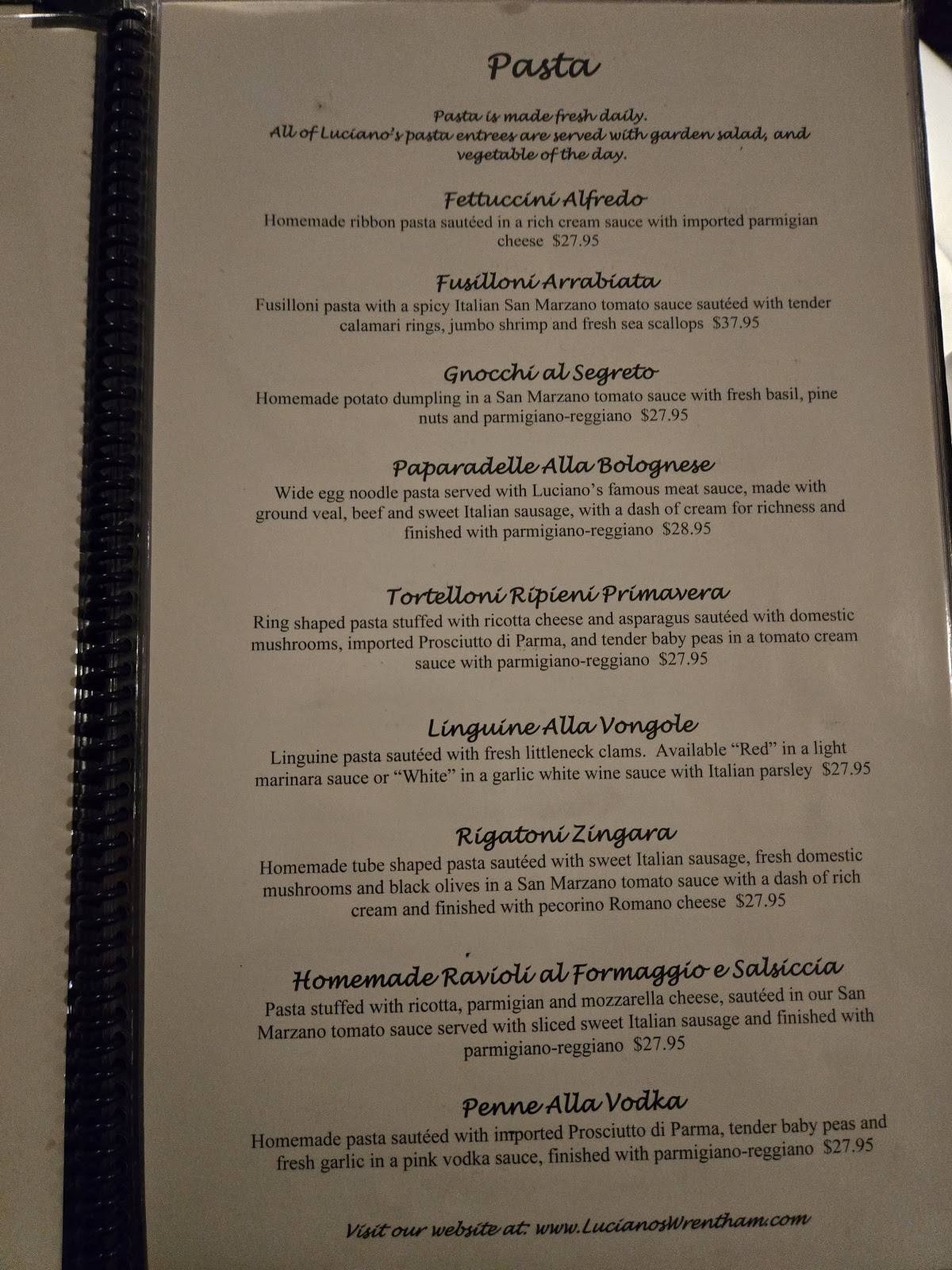 Menu at Luciano's Restaurant, Wrentham, 800 Washington St