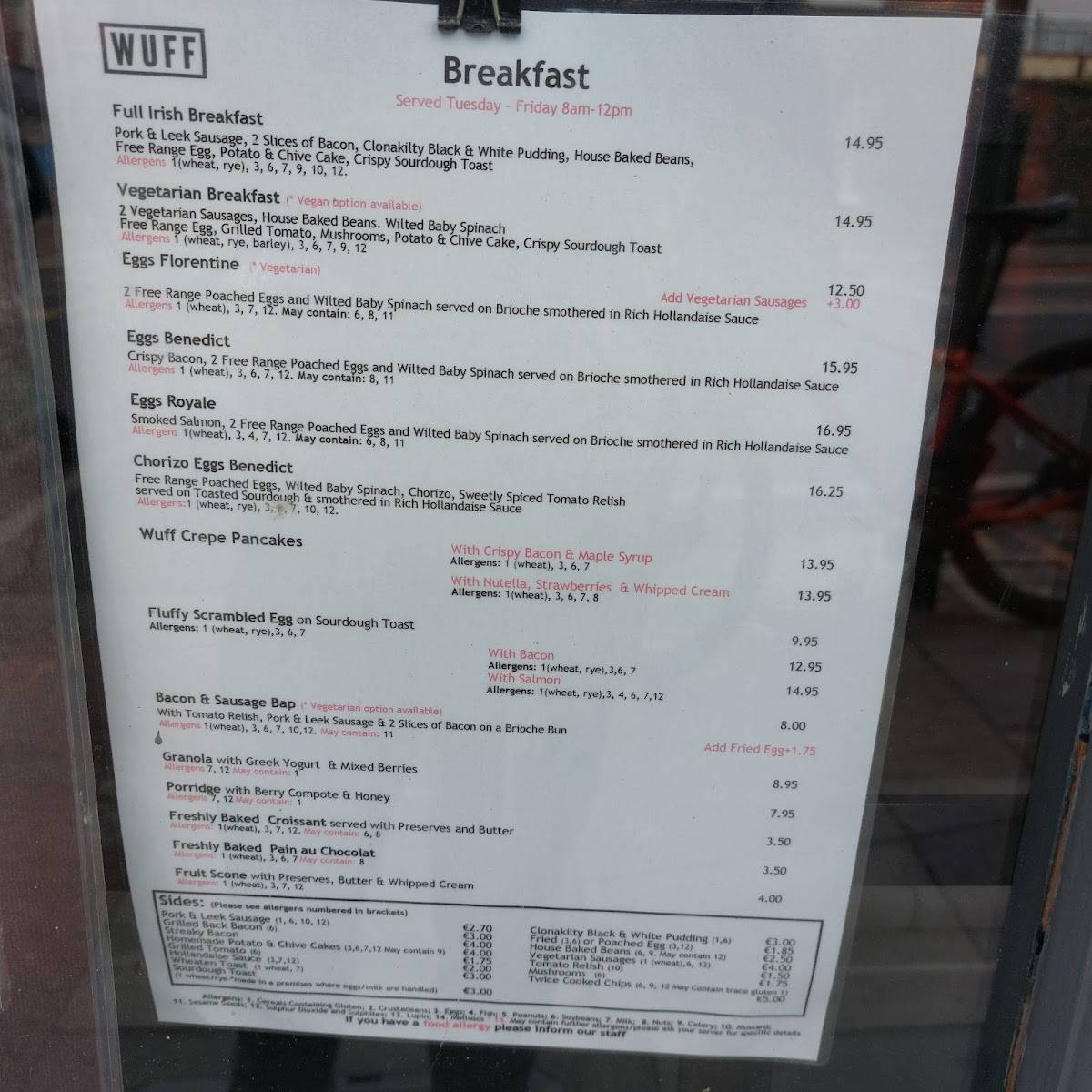 Menu at Wuff cafe, Dublin