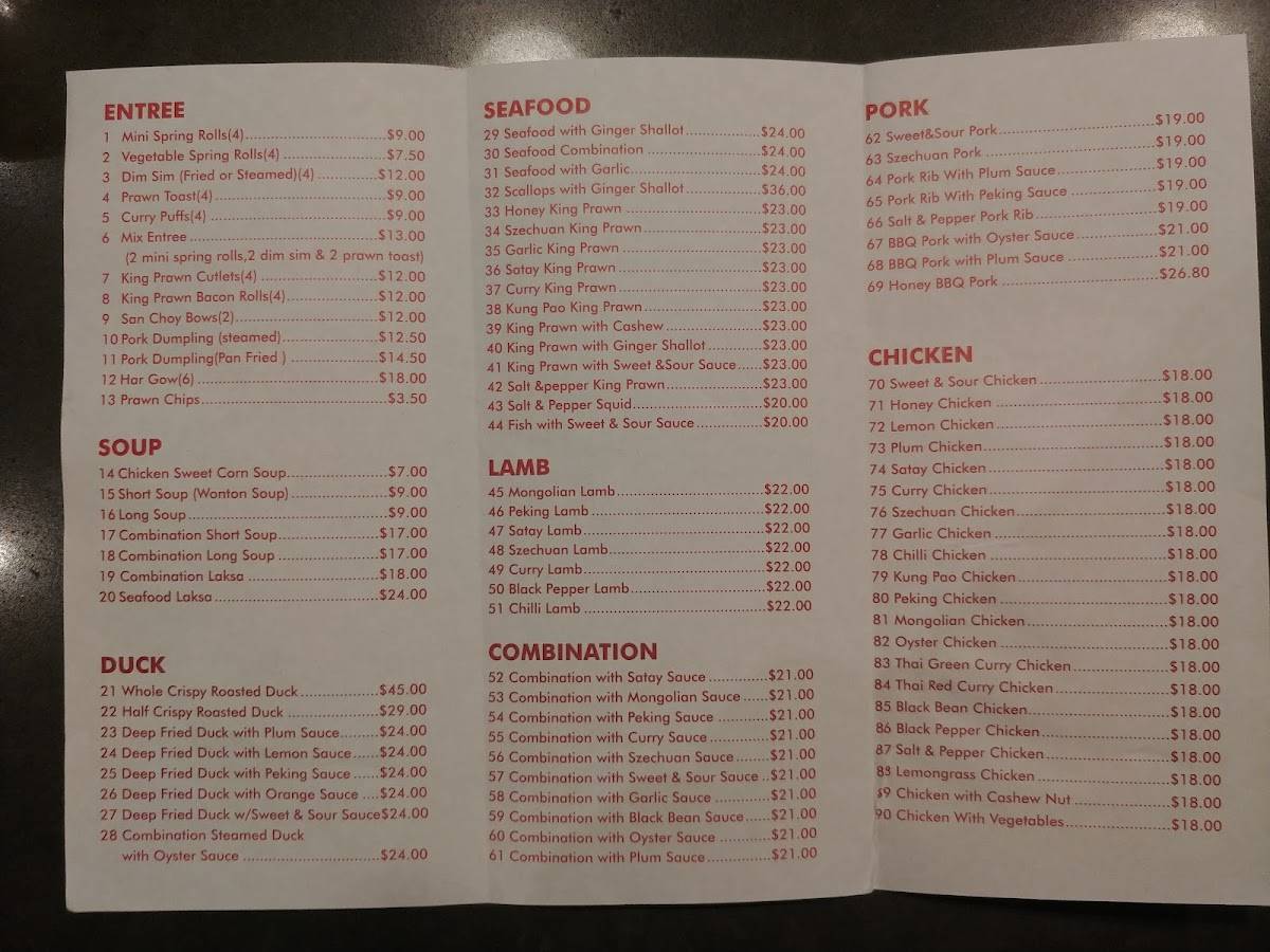 Menu at Wynn's Asian Takeaway restaurant, New Lambton