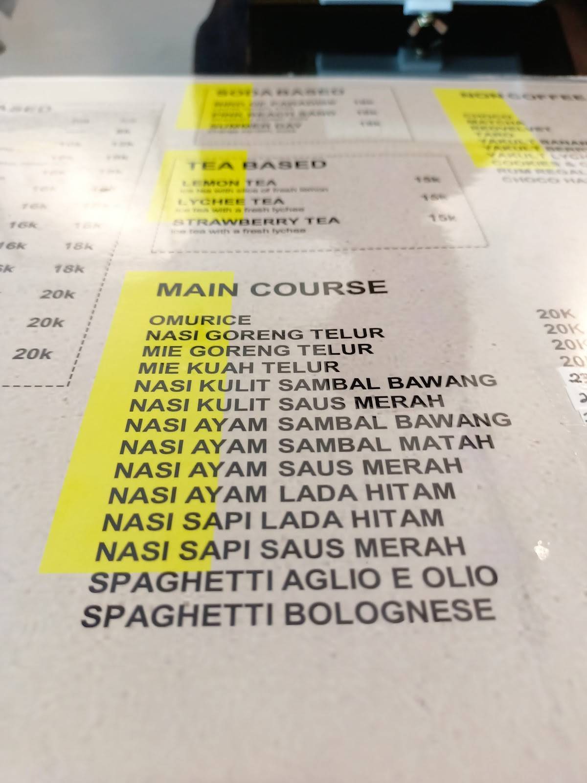 Menu at Y Coffee, Tulungagung