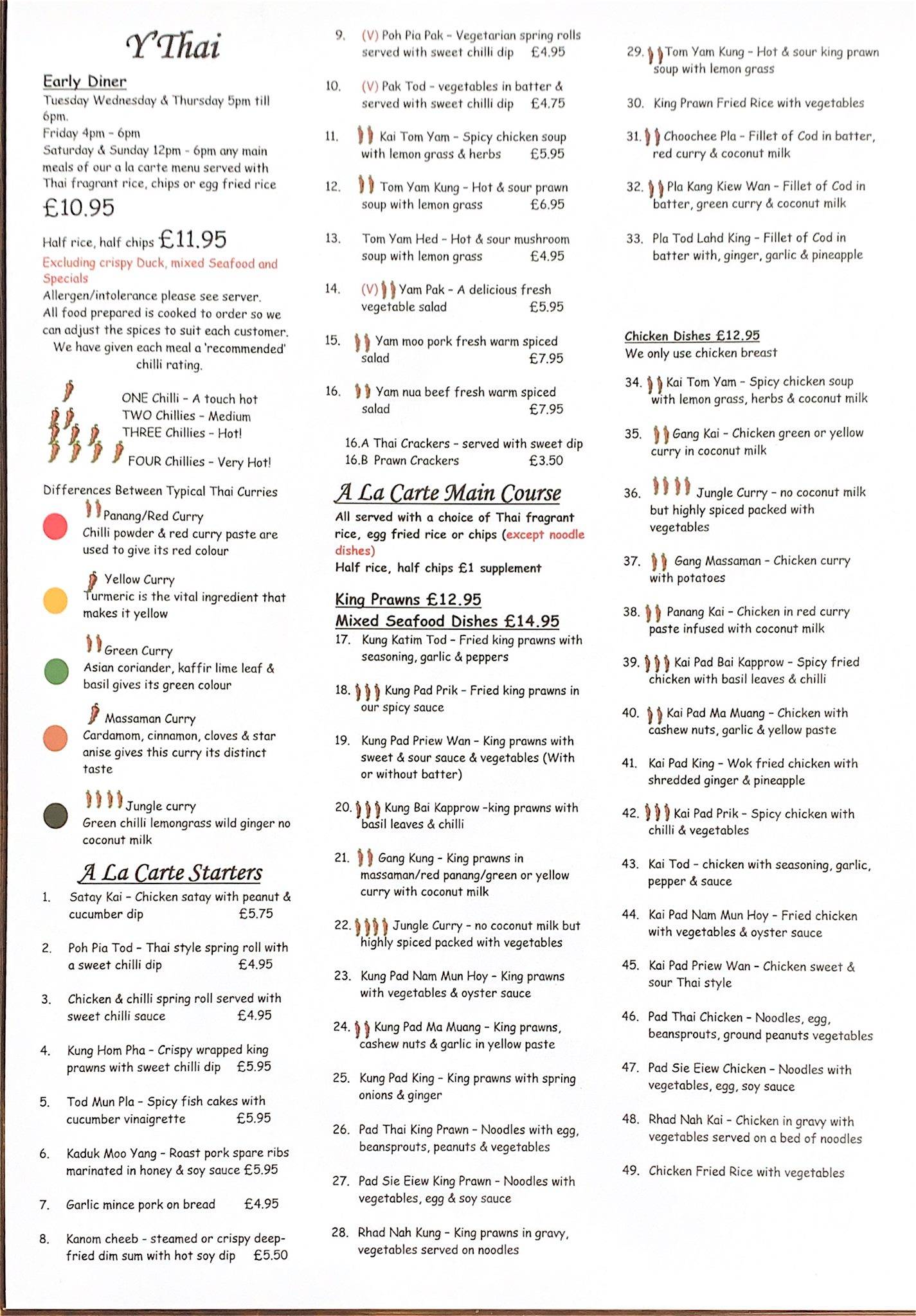 Menu at Y'Thai restaurant, Stokesley