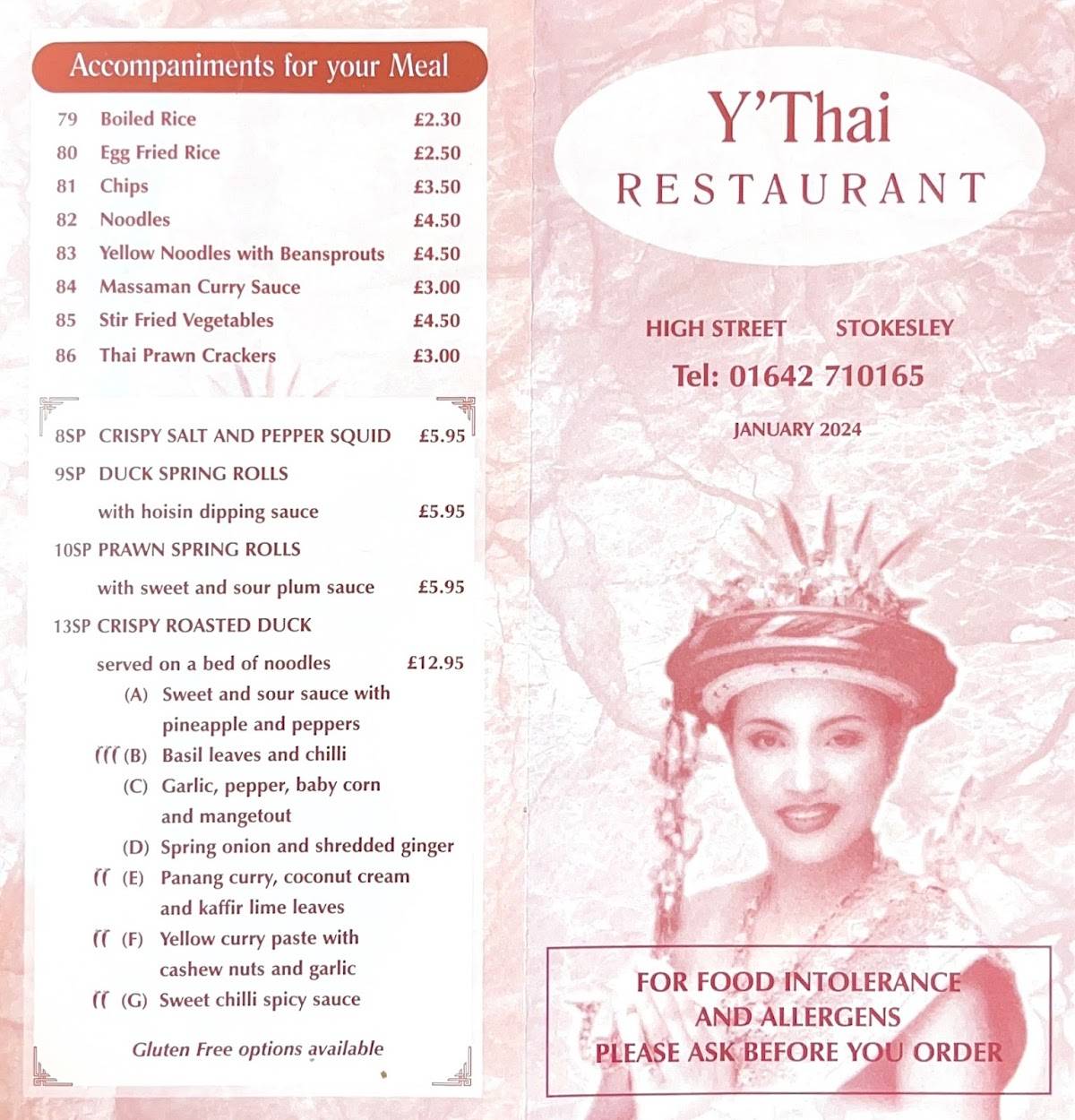 Menu at Y'Thai restaurant, Stokesley