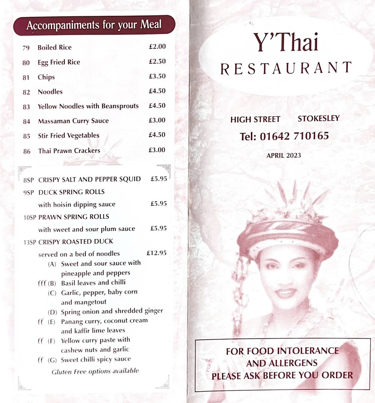 Menu at Y'Thai restaurant, Stokesley