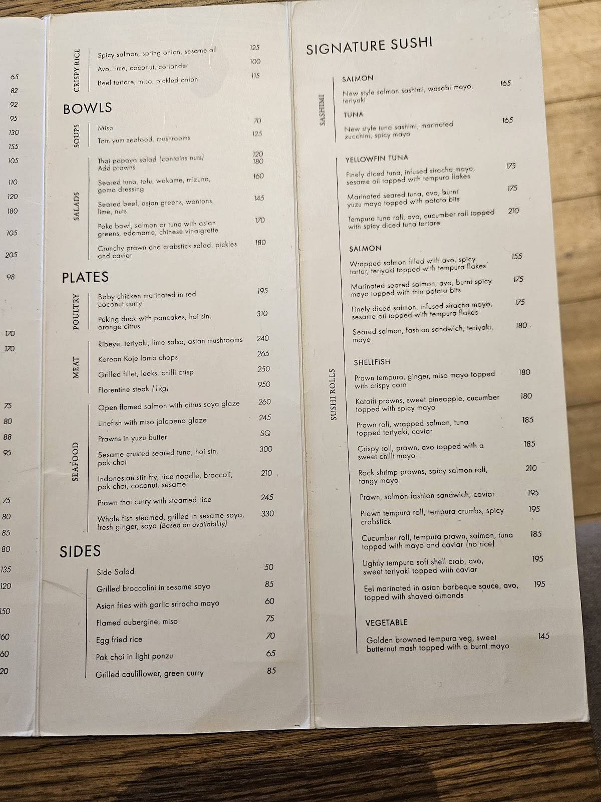 Menu at YU Restaurant, Cape Town