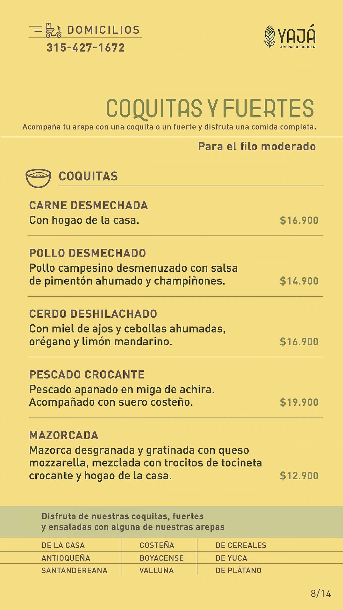 Carta del restaurante Yajá Arepas del Origen, Chía