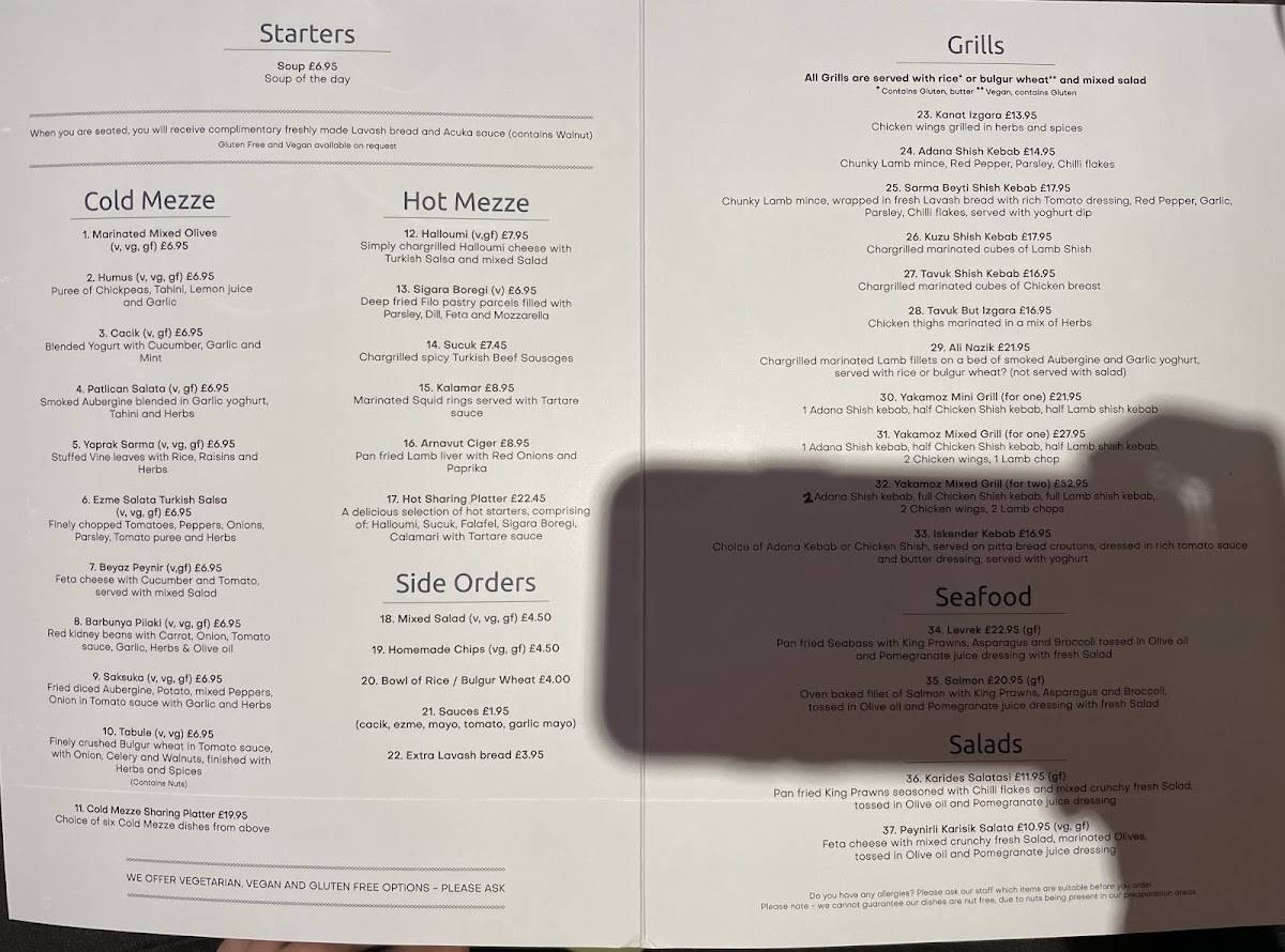 Menu at Yakamoz restaurant, York