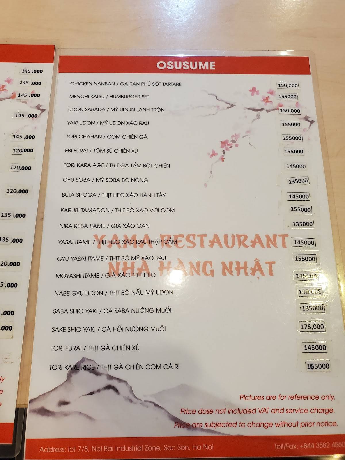 Menu at Yama Restaurant, Phúc Yên