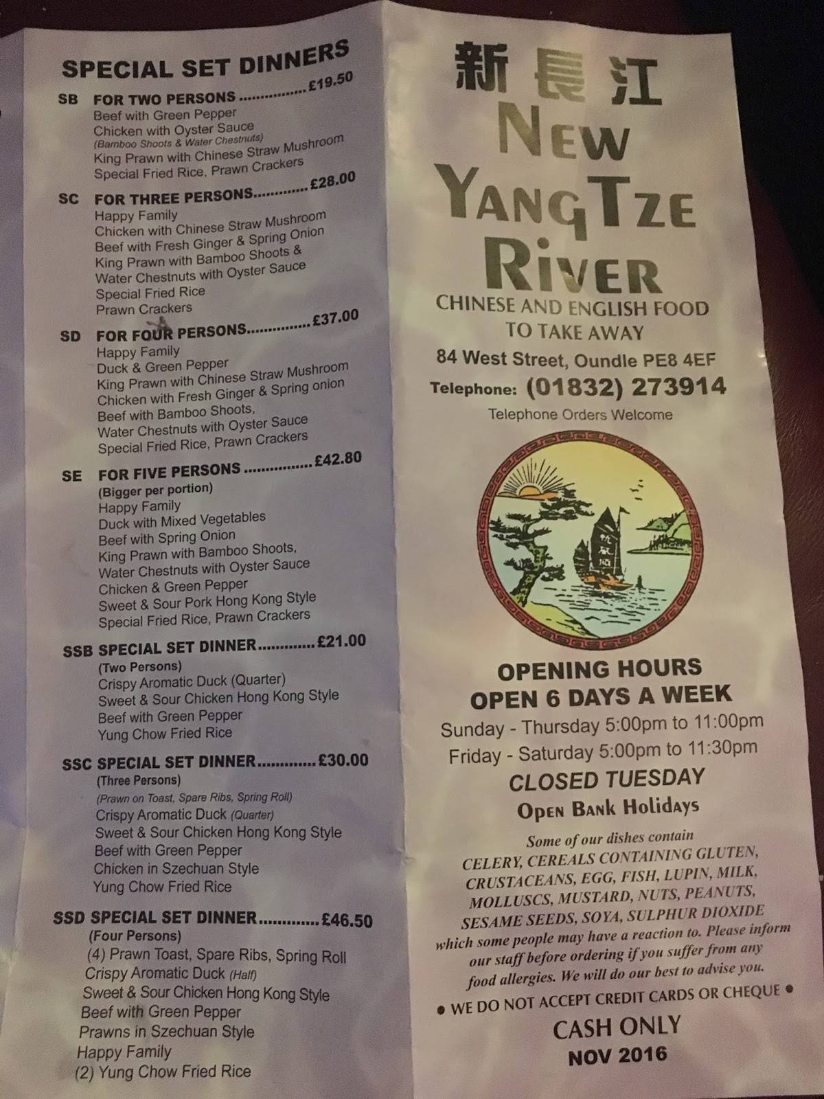 Menu at Yangtze River Chinese Take Away fast food, Peterborough, 84 West St