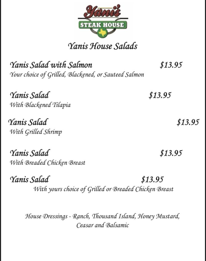 Menu at Yani's Steak House steakhouse, Bellville, Hwy 159 East