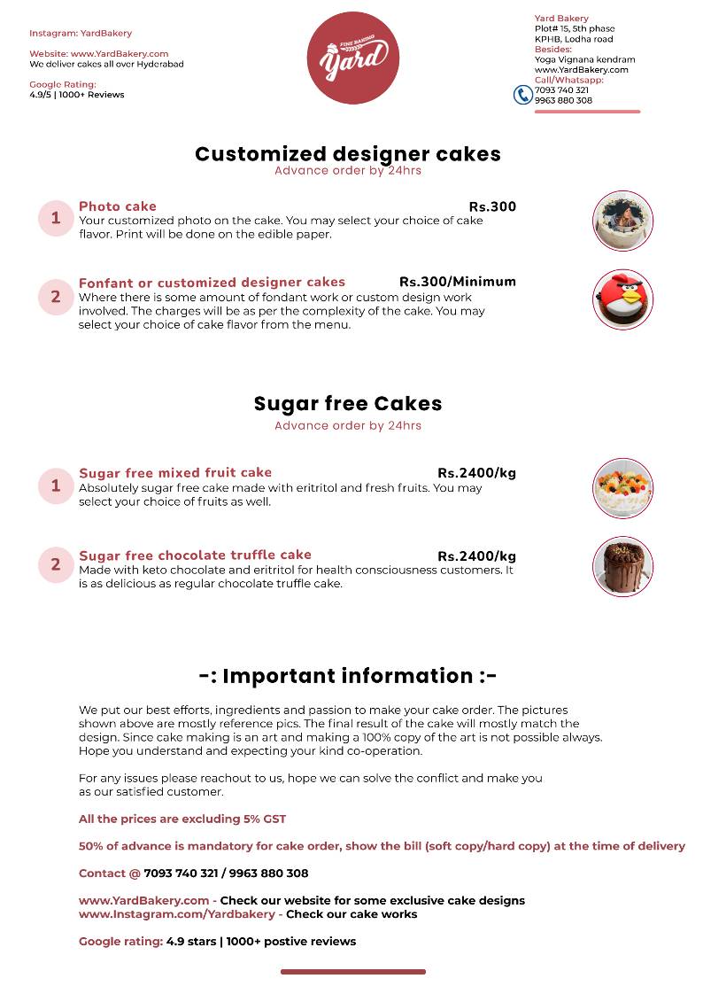 Menu at Yard Bakery - A premium bakery for birthday cakes, customized ...