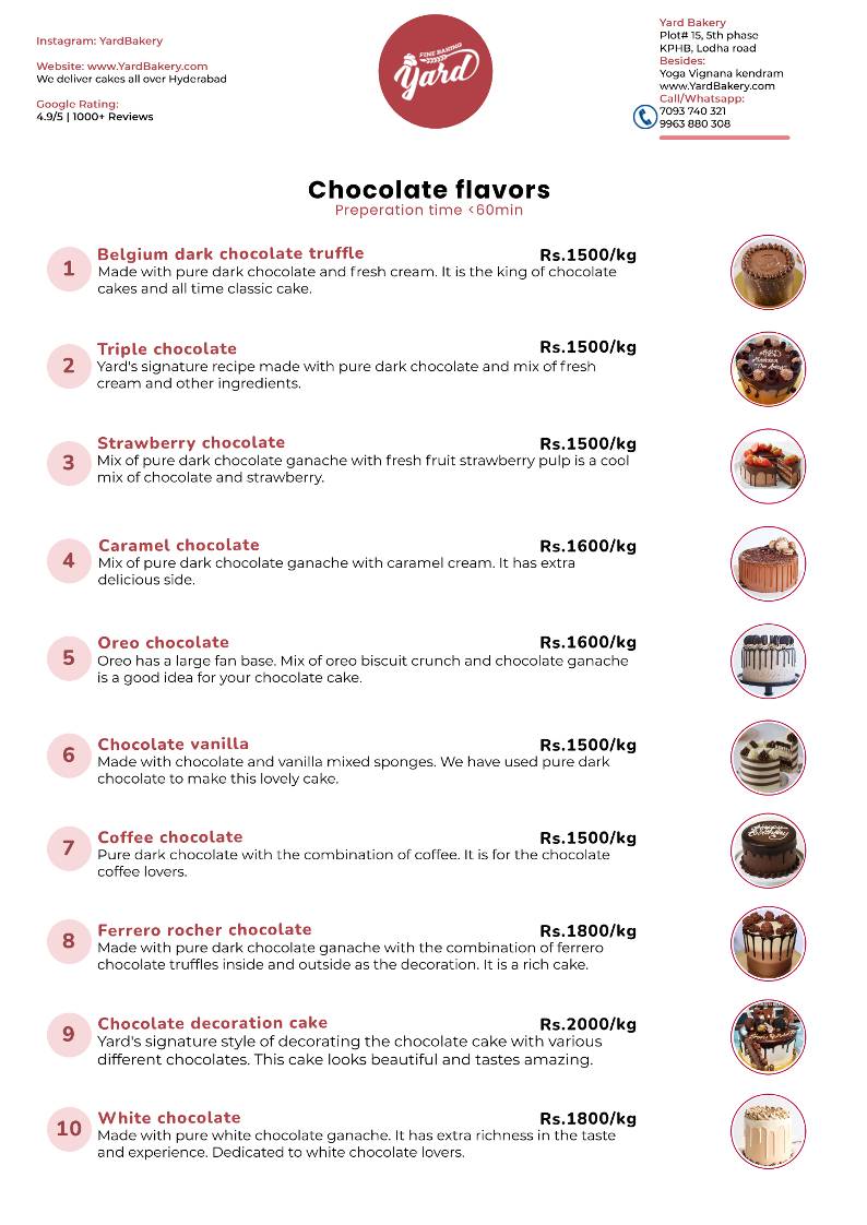 Menu at Yard Bakery - A premium bakery for birthday cakes, customized ...