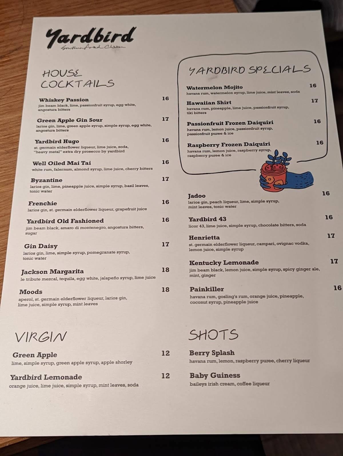 Menu at Yardbird Southern Fried Chicken, Basel