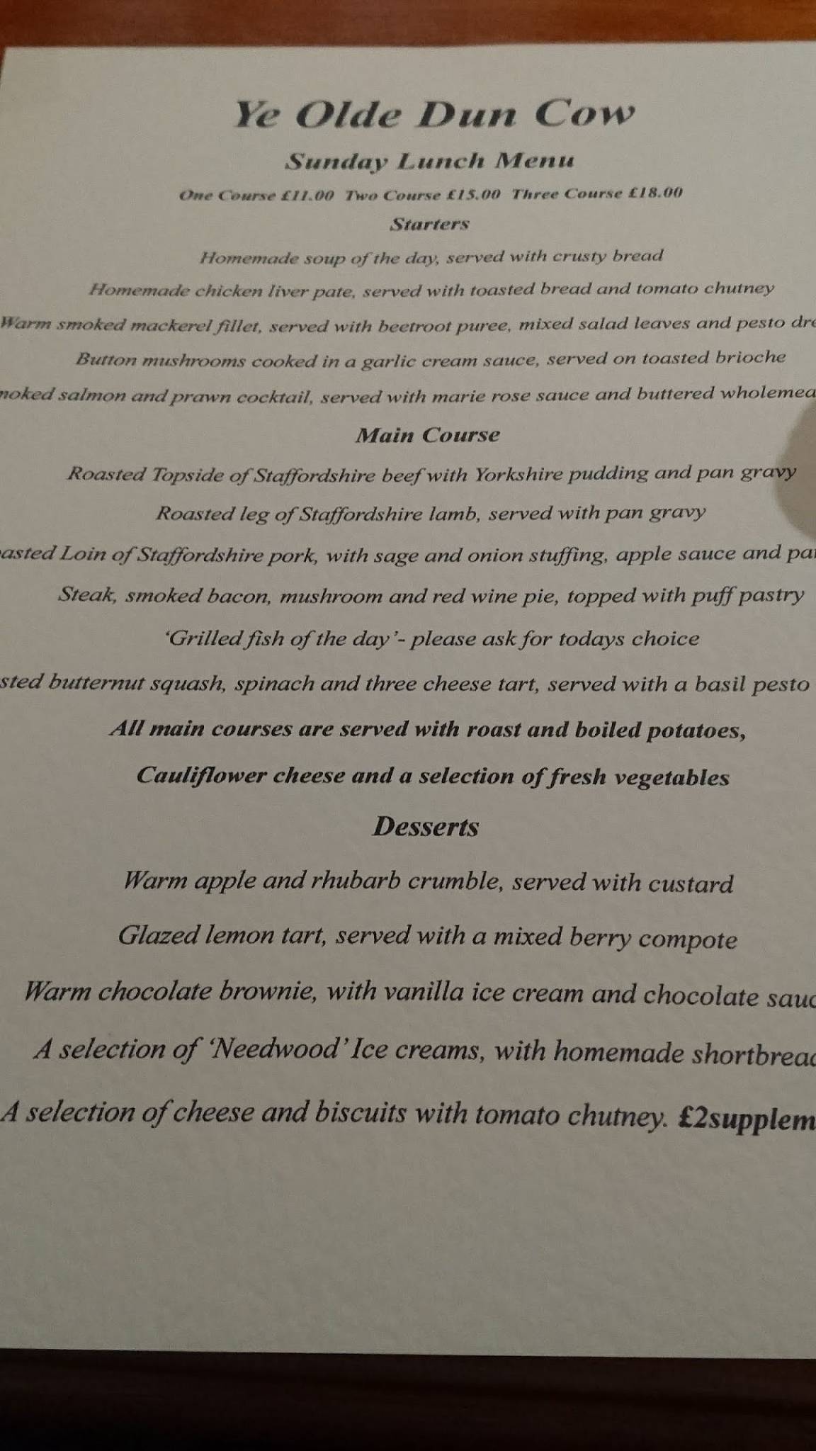 Menu at Ye Olde Dun Cow pub & bar, Rugeley, 73 High St