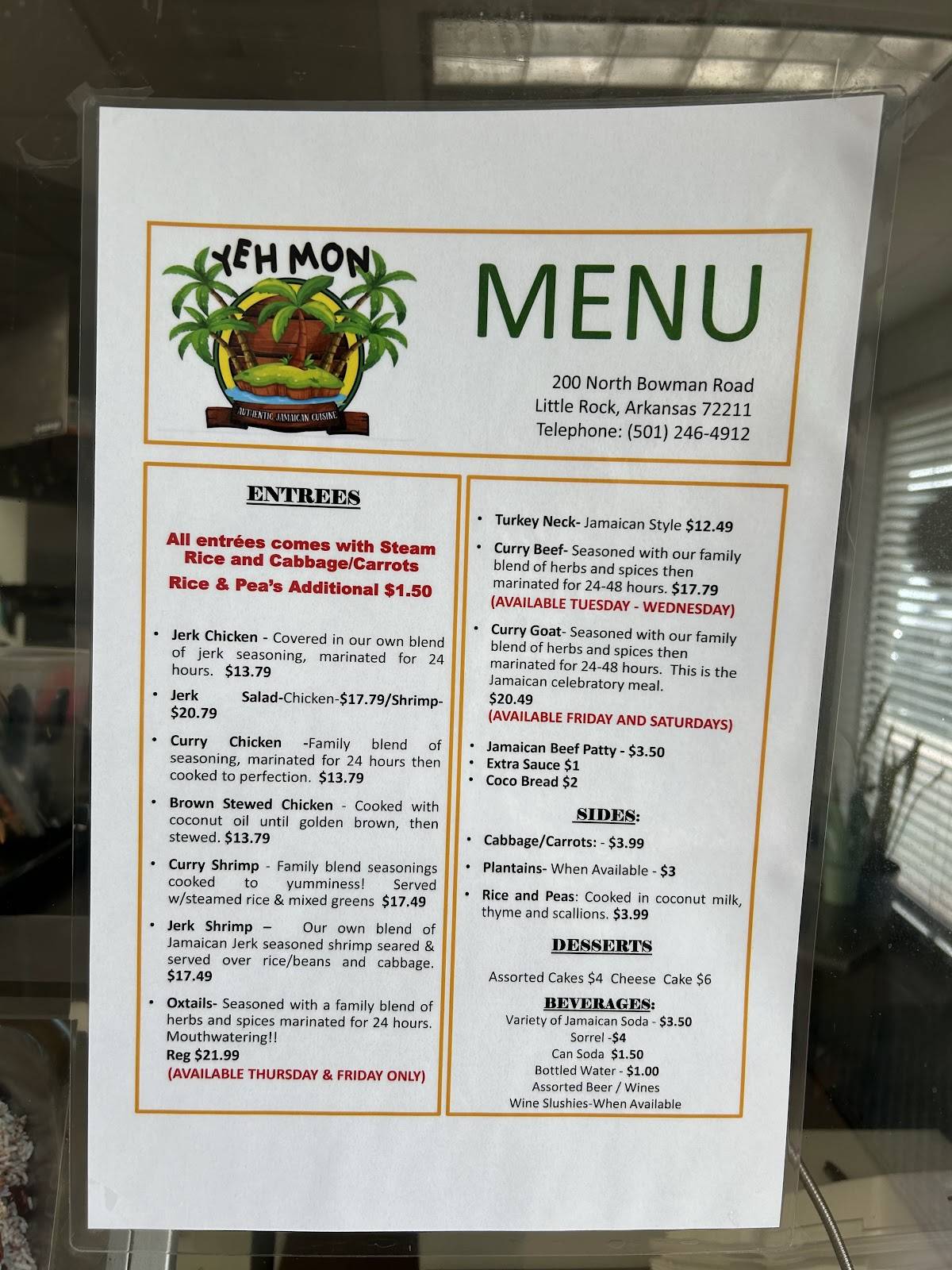 Menu at Yeh Mon : Authentic Jamaican Restaurant, Little Rock