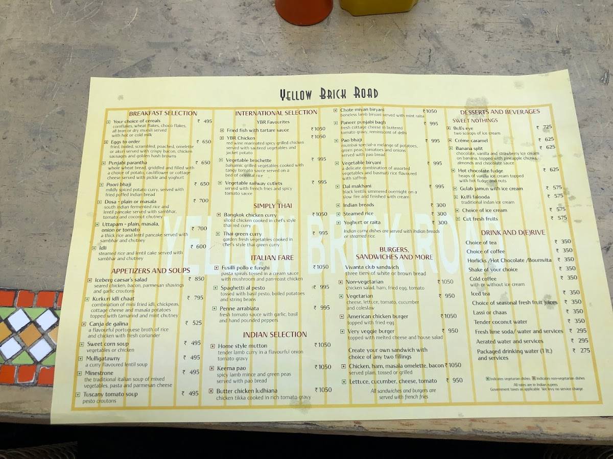 Menu at Yellow Brick Road, New Delhi, Subramania Bharti Marg