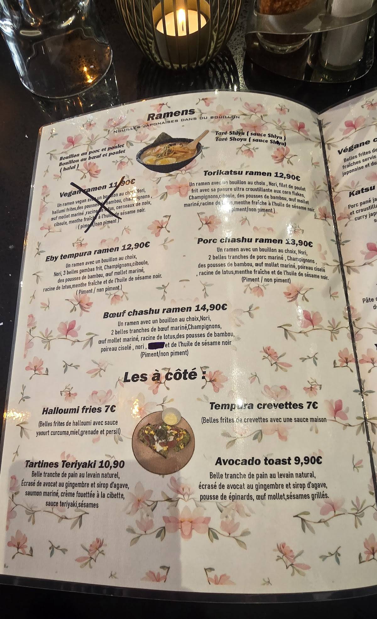 Menu at Yoki Ramen restaurant, Melun