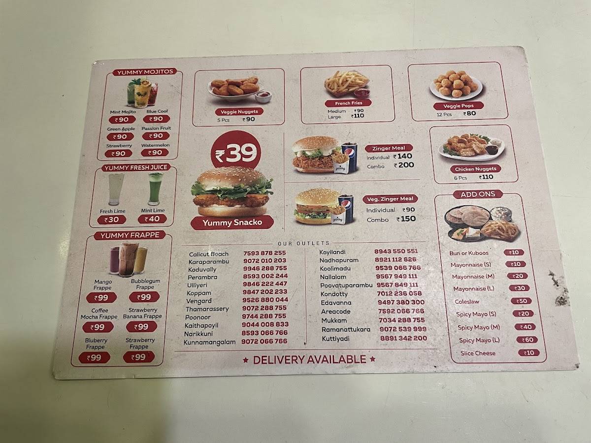 Menu at Yummy Fried Chicken, Kondotty, Kondotty