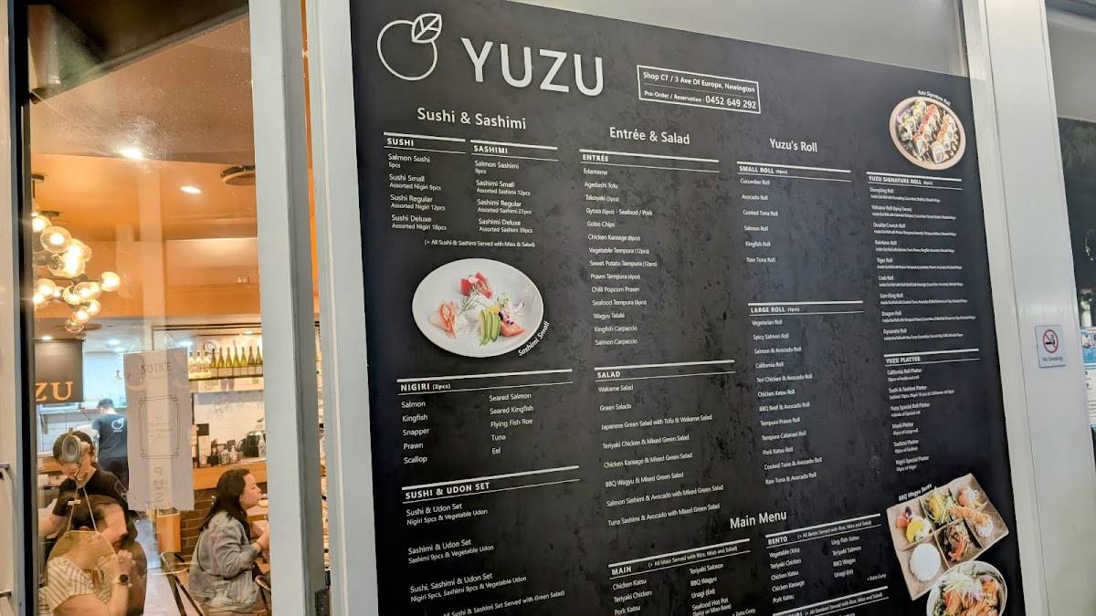 Menu at Yuzu Sushi restaurant, Newington