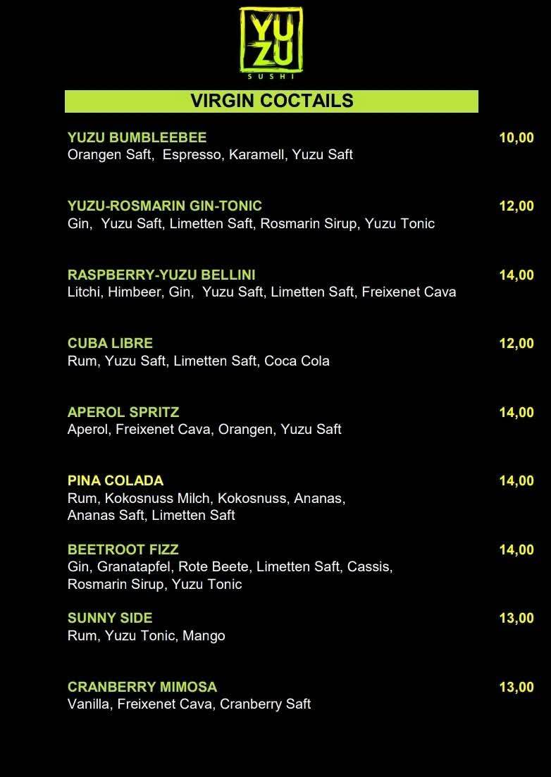 Menu at Yuzu Sushi, Basel