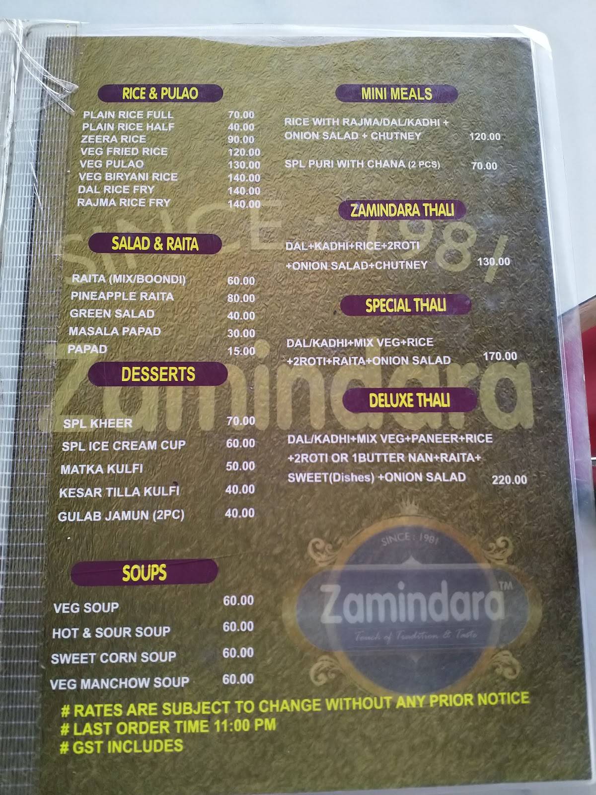 Menu at ZAMINDARA DHABA, Jammu, NH-44A