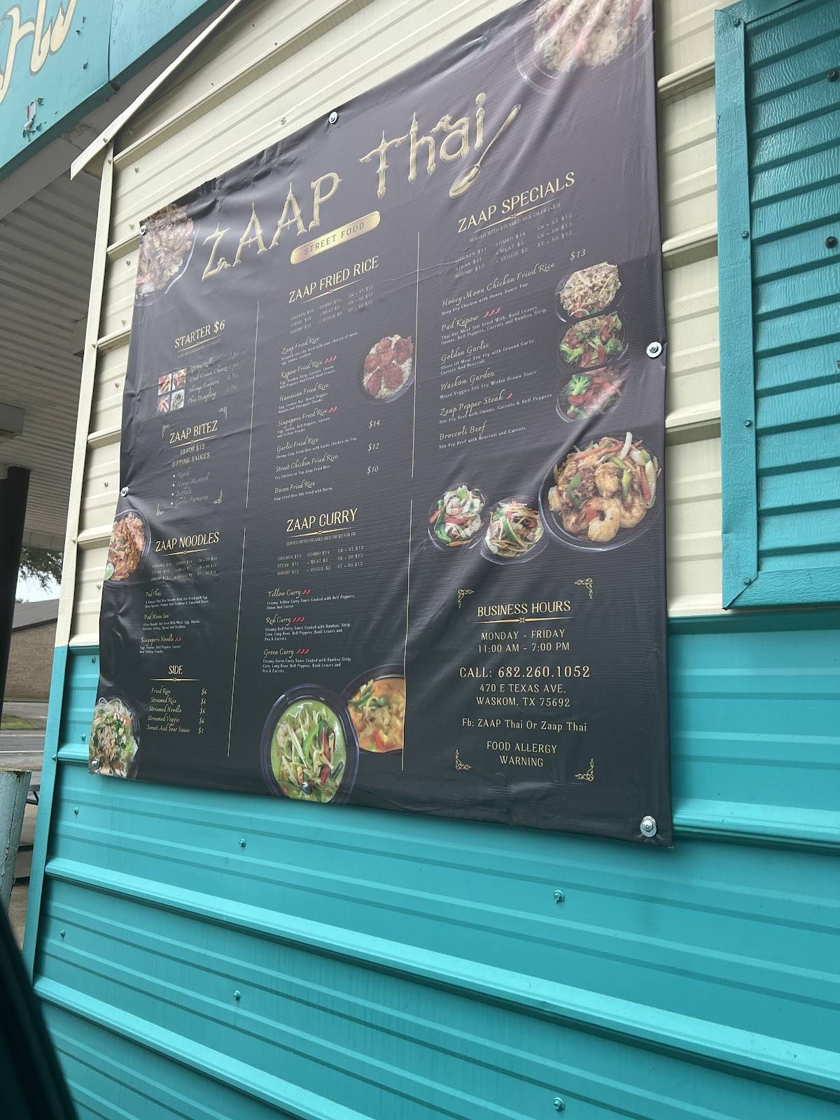 Menu at Zaap Thai restaurant, Waskom