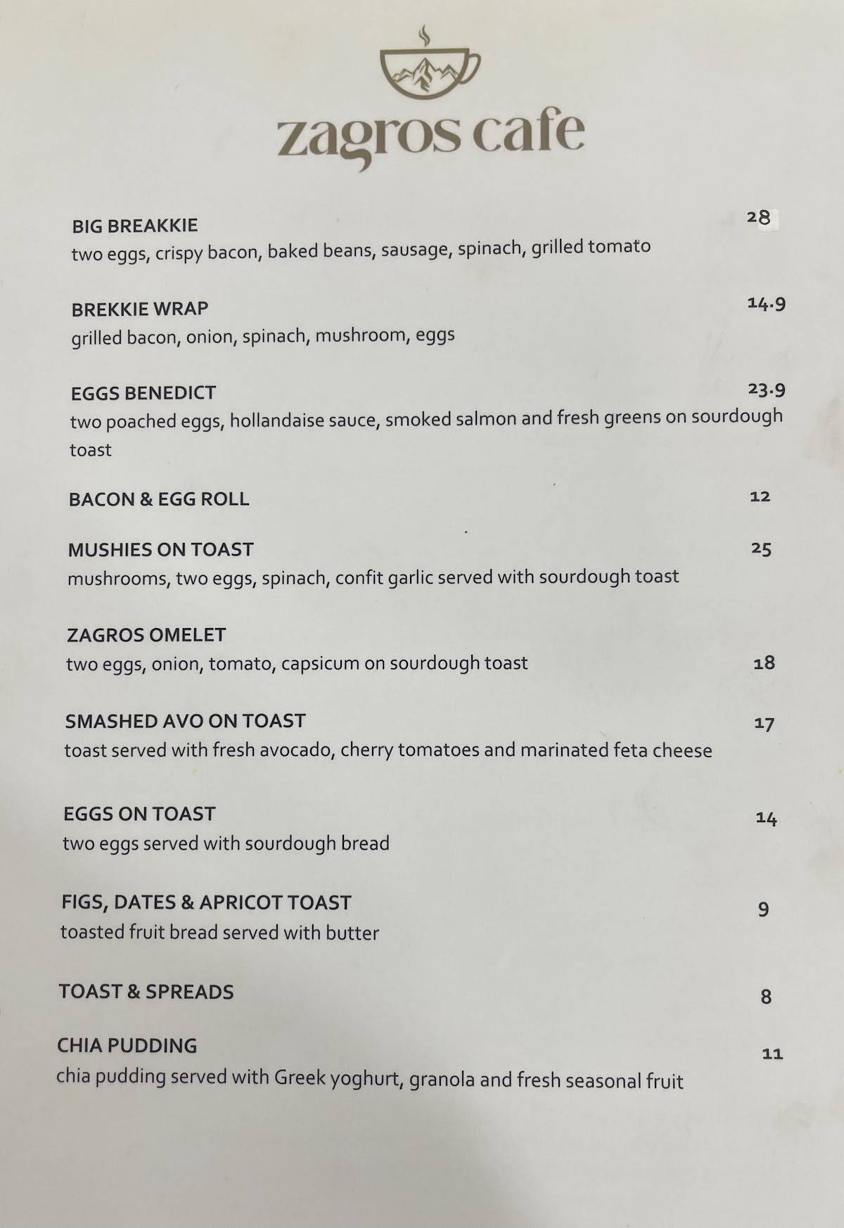 Menu at Zagros cafe, Gordon