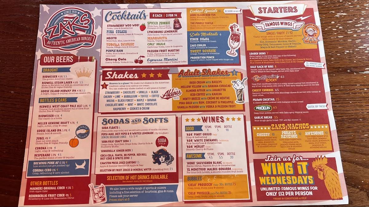 Menu at Zaks Poringland Diner restaurant, Norwich
