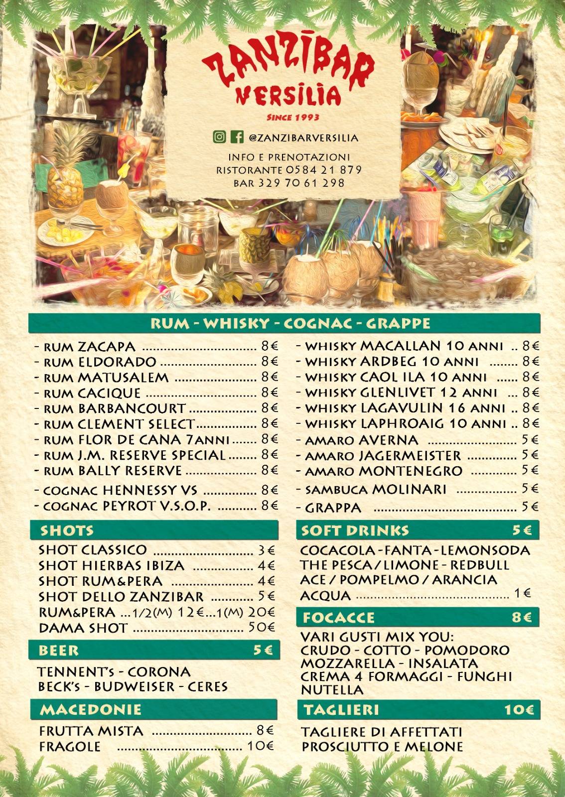 Carta de Zanzibar Versilia cocktail bar, Pietrasanta