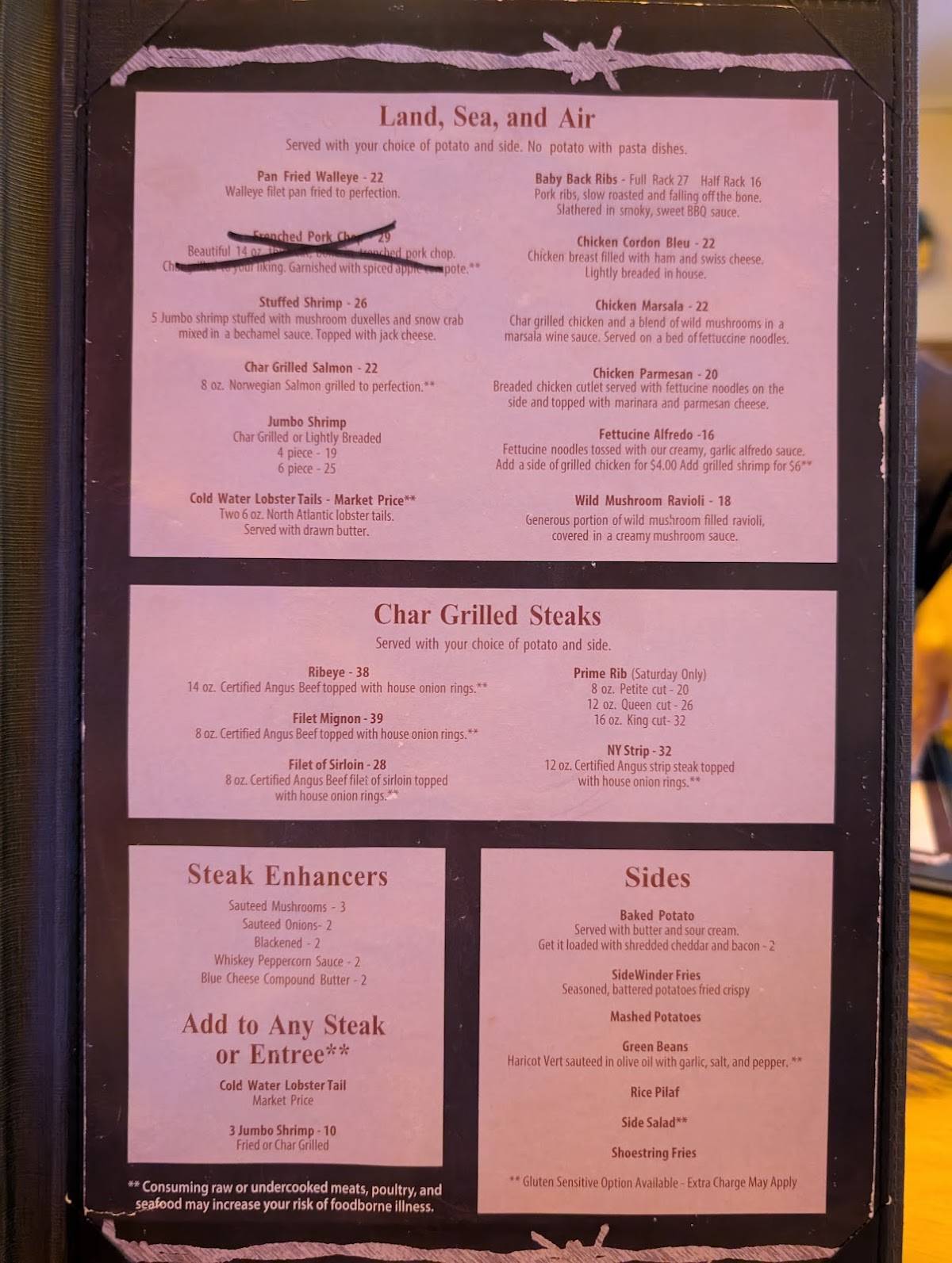 Menu at Zeman's Old Highway House restaurant, Baraboo