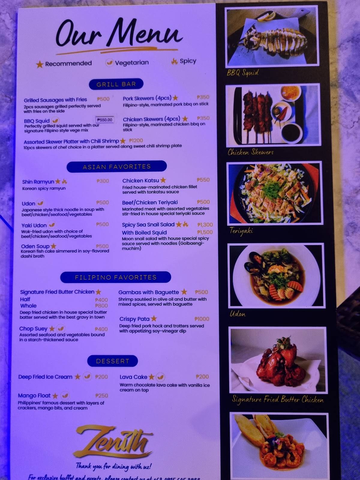 Menu at Zenith Rooftop restaurant, Lapu-Lapu City