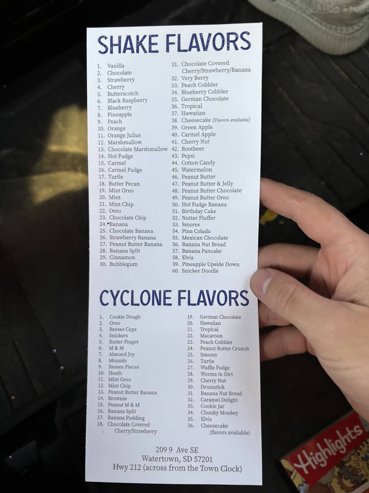 Menu at Zesto Drive-In restaurant, Watertown