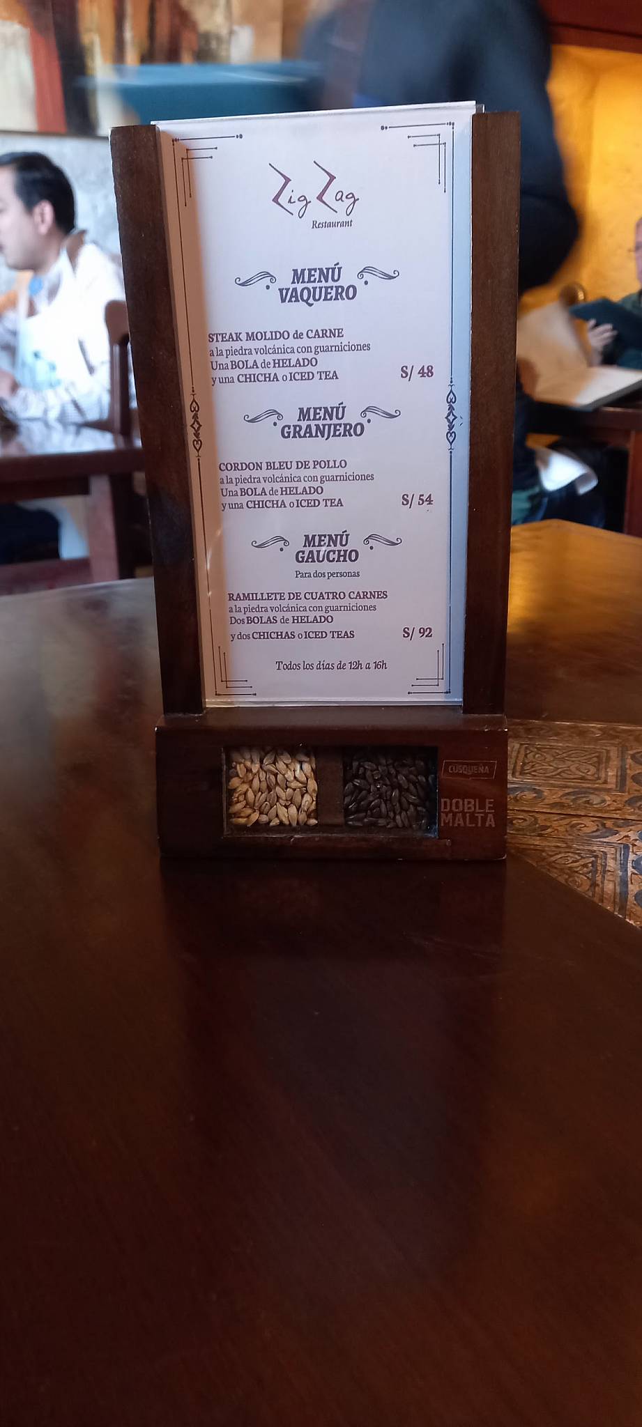 Carta del restaurante Zig Zag, Arequipa