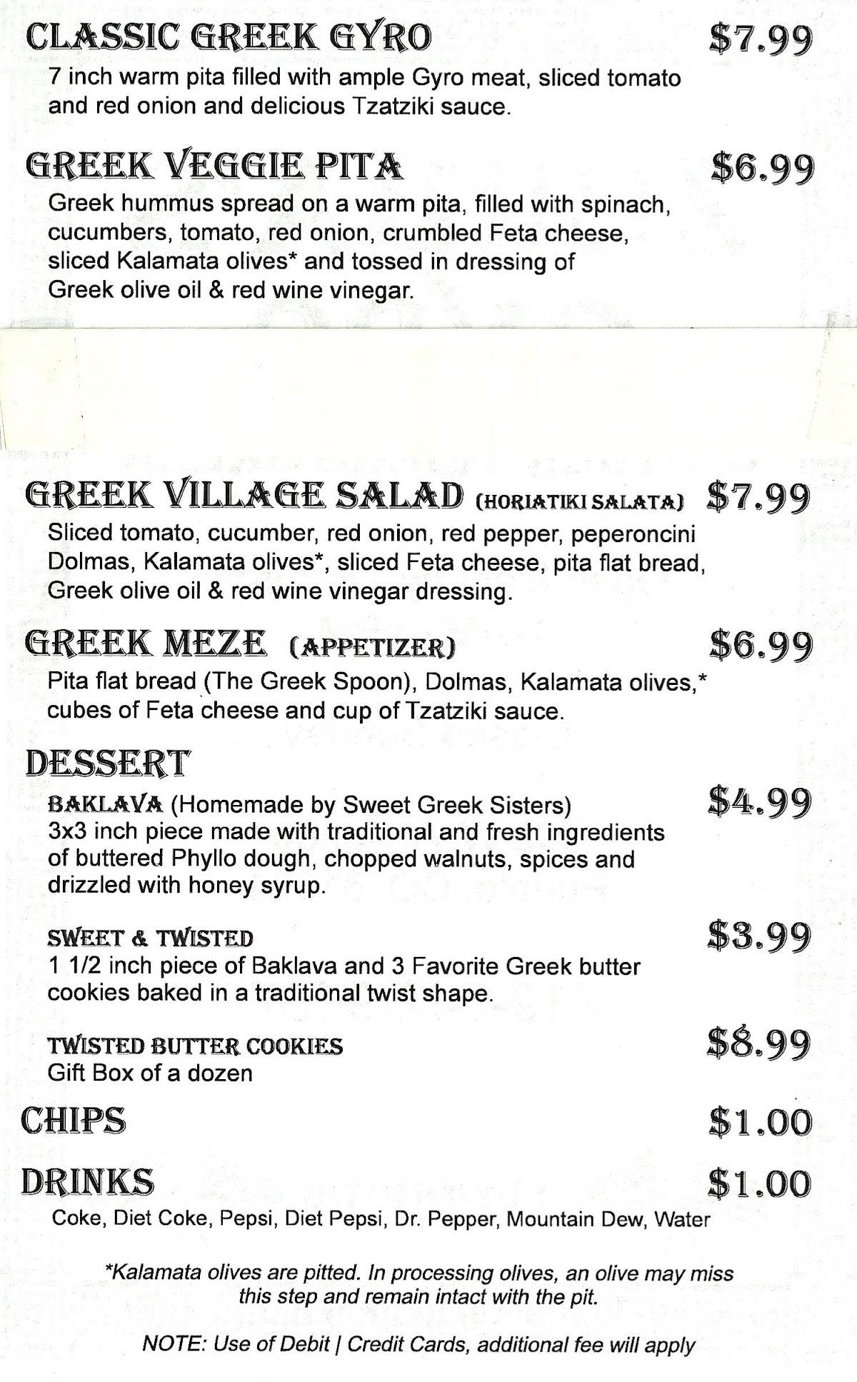 Menu at Zorba's Greek Gyro restaurant, Pueblo
