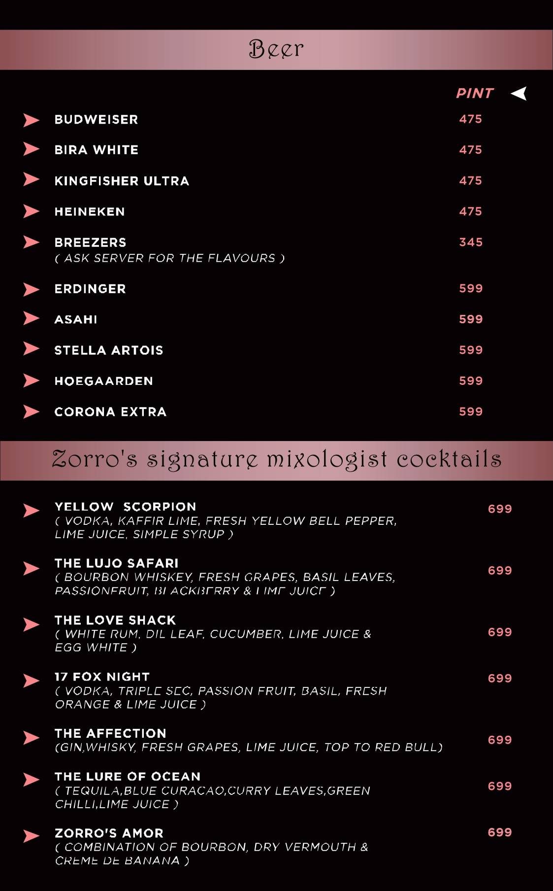 Menu at Zorro, Gurugram