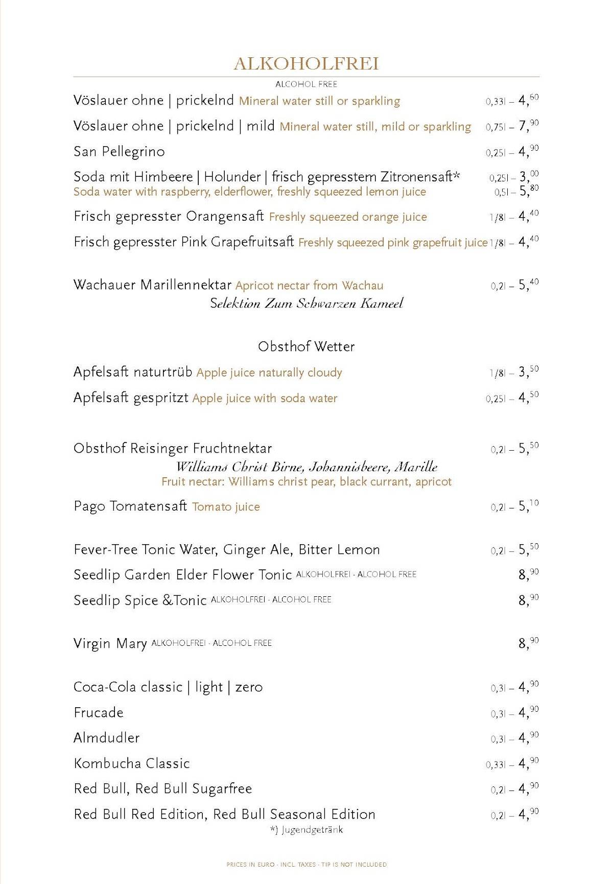 Menu at Zum Schwarzen Kameel pub & bar, Vienna, Bognergasse 5
