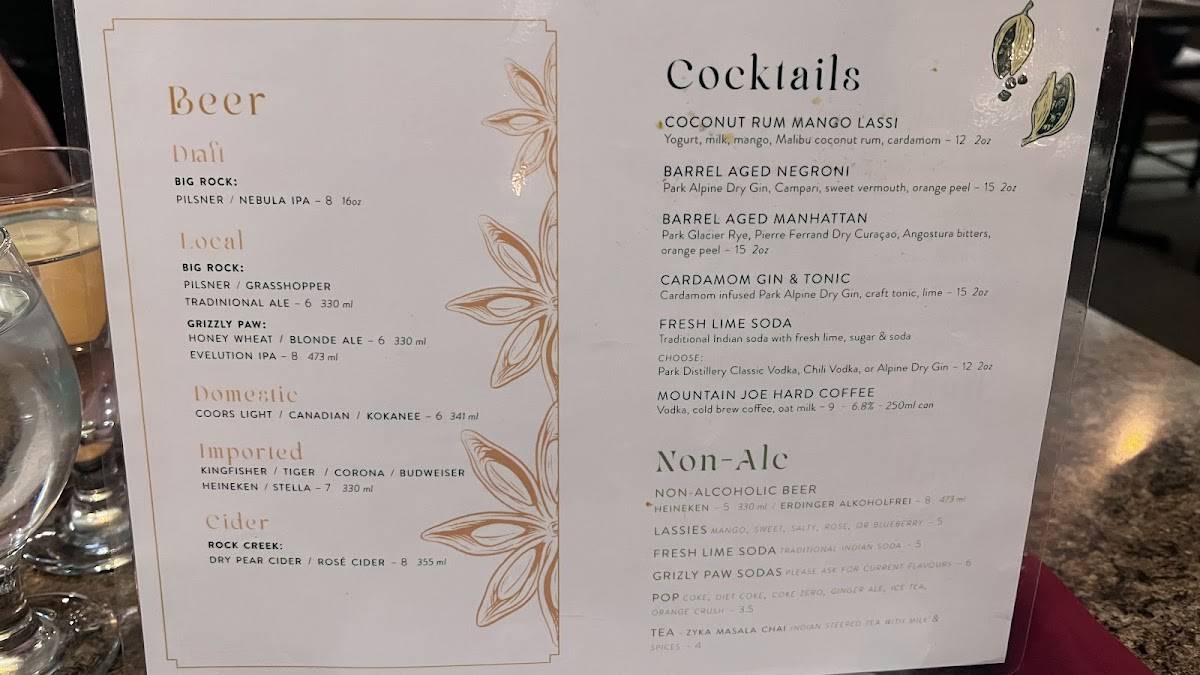 Carta de Zyka Elevated Indian Restaurant Banff, Banff