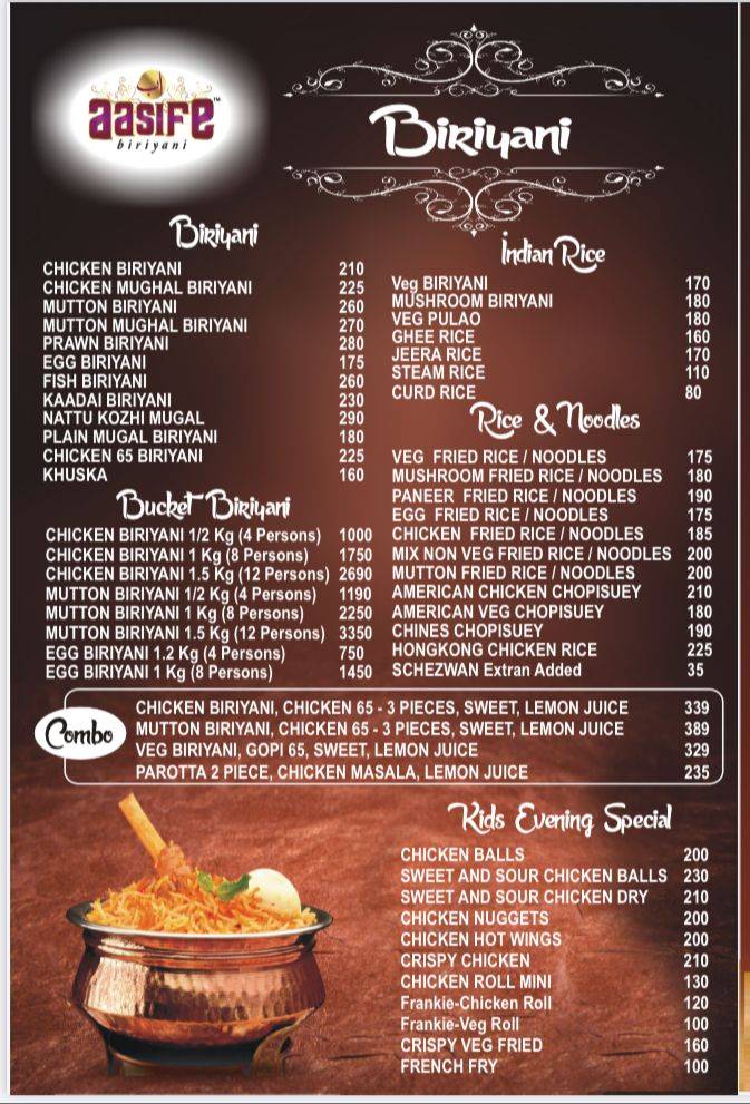 Menu at aasife biriyani, Tenkasi, Statebank building
