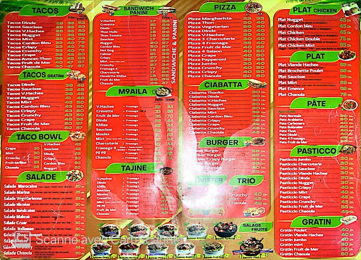 Menu au Jus Chaouia restaurant, Casablanca