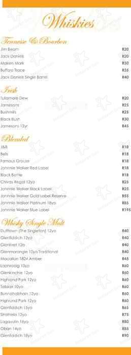 Menu at California Dreaming restaurant, Durban, 150 Marine Parade