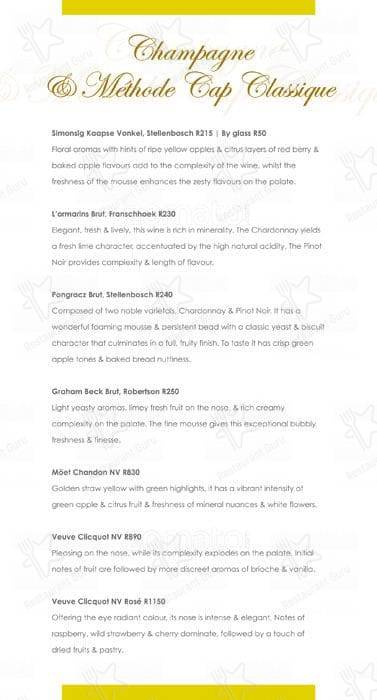 Menu at California Dreaming restaurant, Durban, 150 Marine Parade